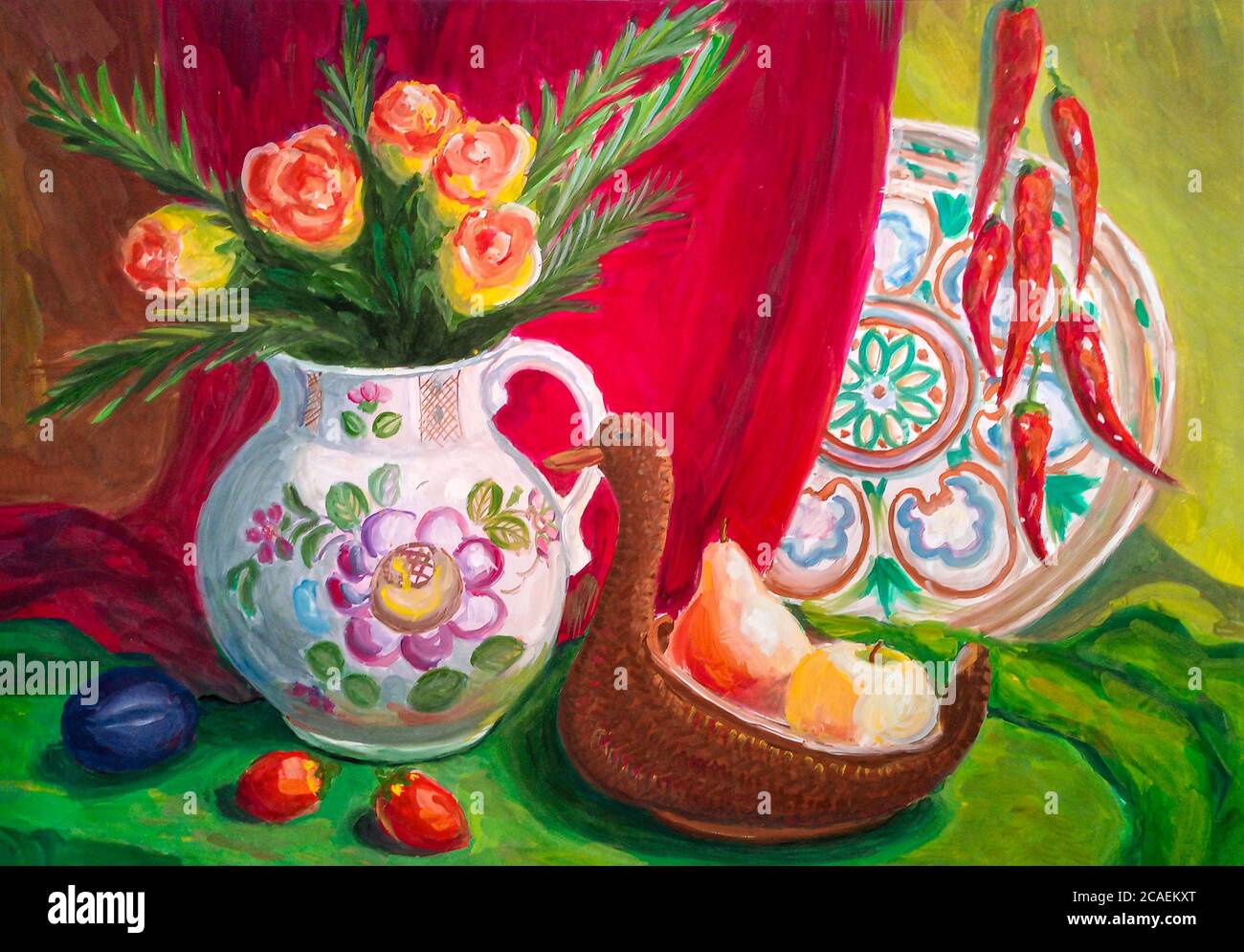 Still life, a vase of flowers and other dishes on the table. Pears in a ...