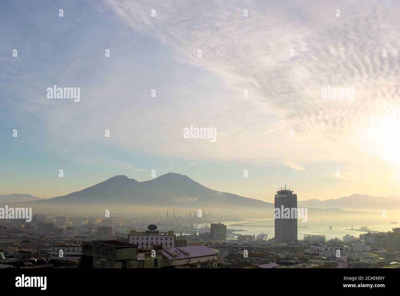 mist at sunrise on landscape of Naples bay and volcano Vesuvius, two ...