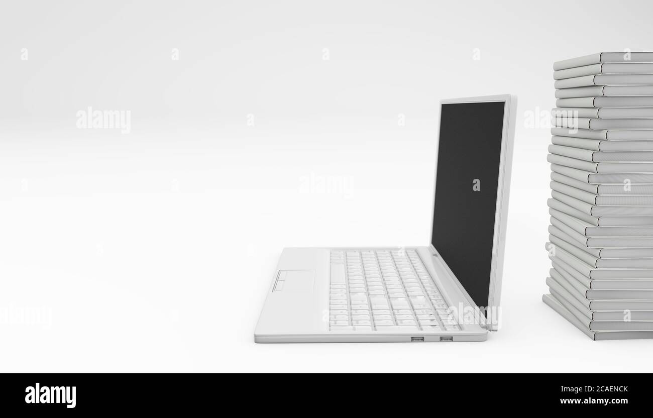 Laptop with books white. Online reading concept. 3d rendering isolated ...