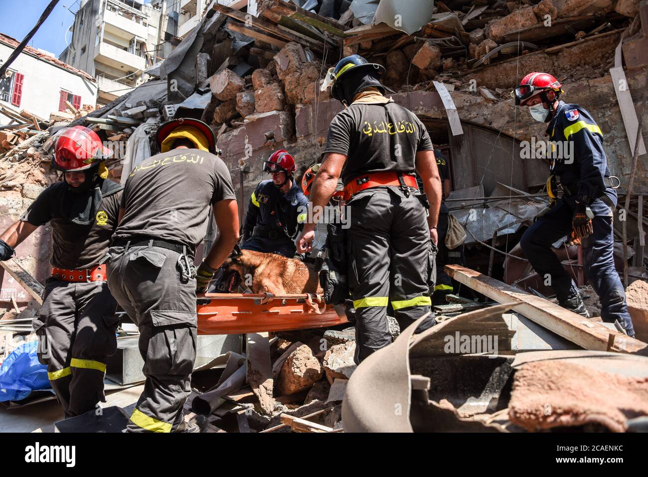 Beirut, Lebanon. 6th Aug, 2020. Lebanese Firefighters enter a collapsed ...
