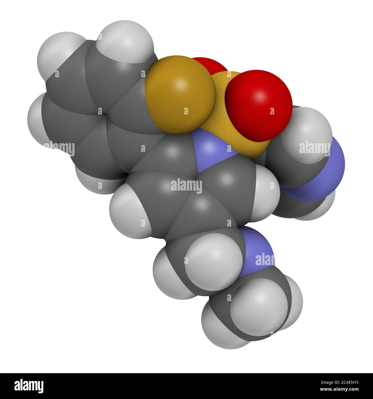 Vonoprazan drug molecule. 3D rendering. Atoms are represented as ...