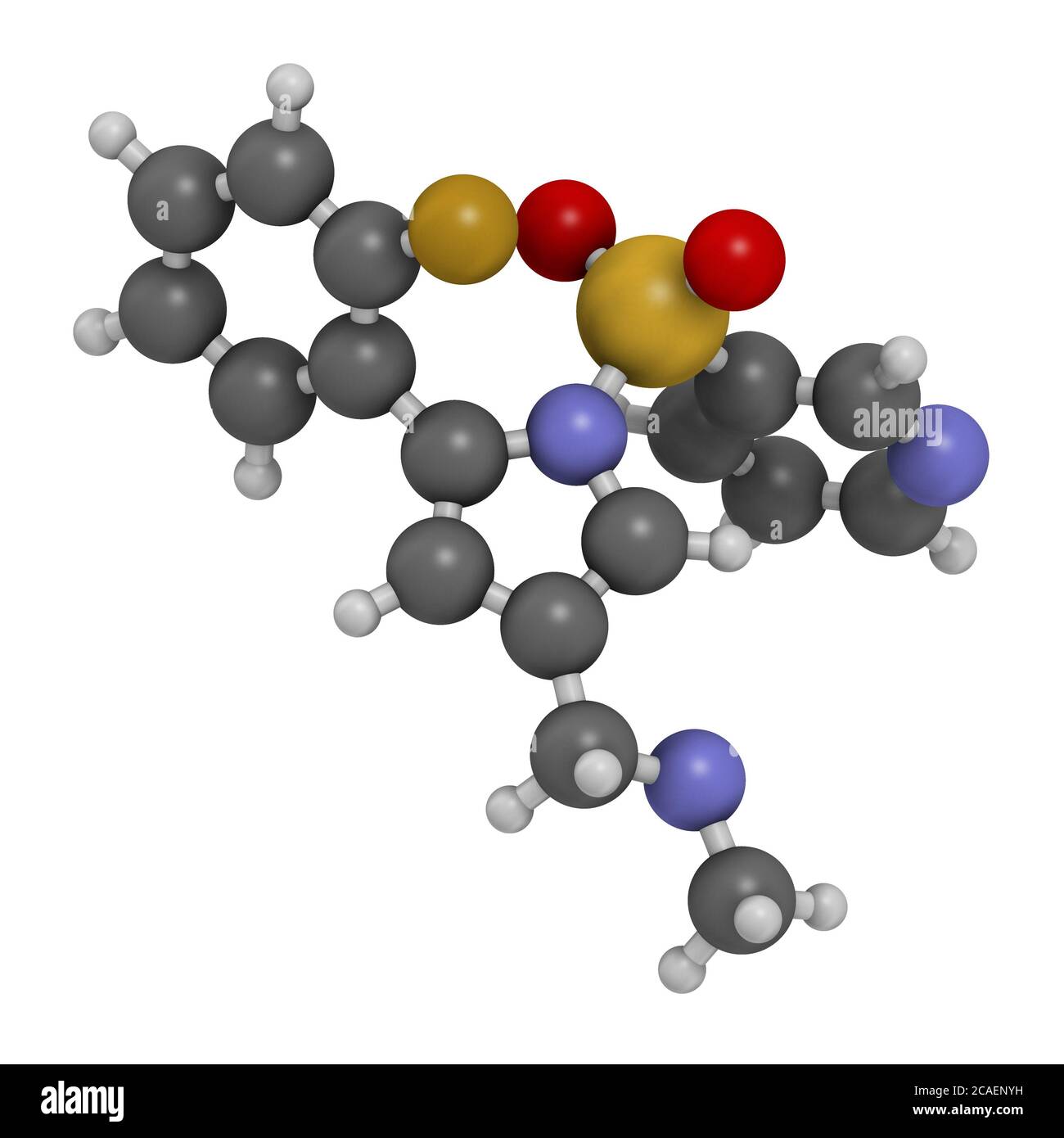 Vonoprazan drug molecule. 3D rendering. Atoms are represented as ...