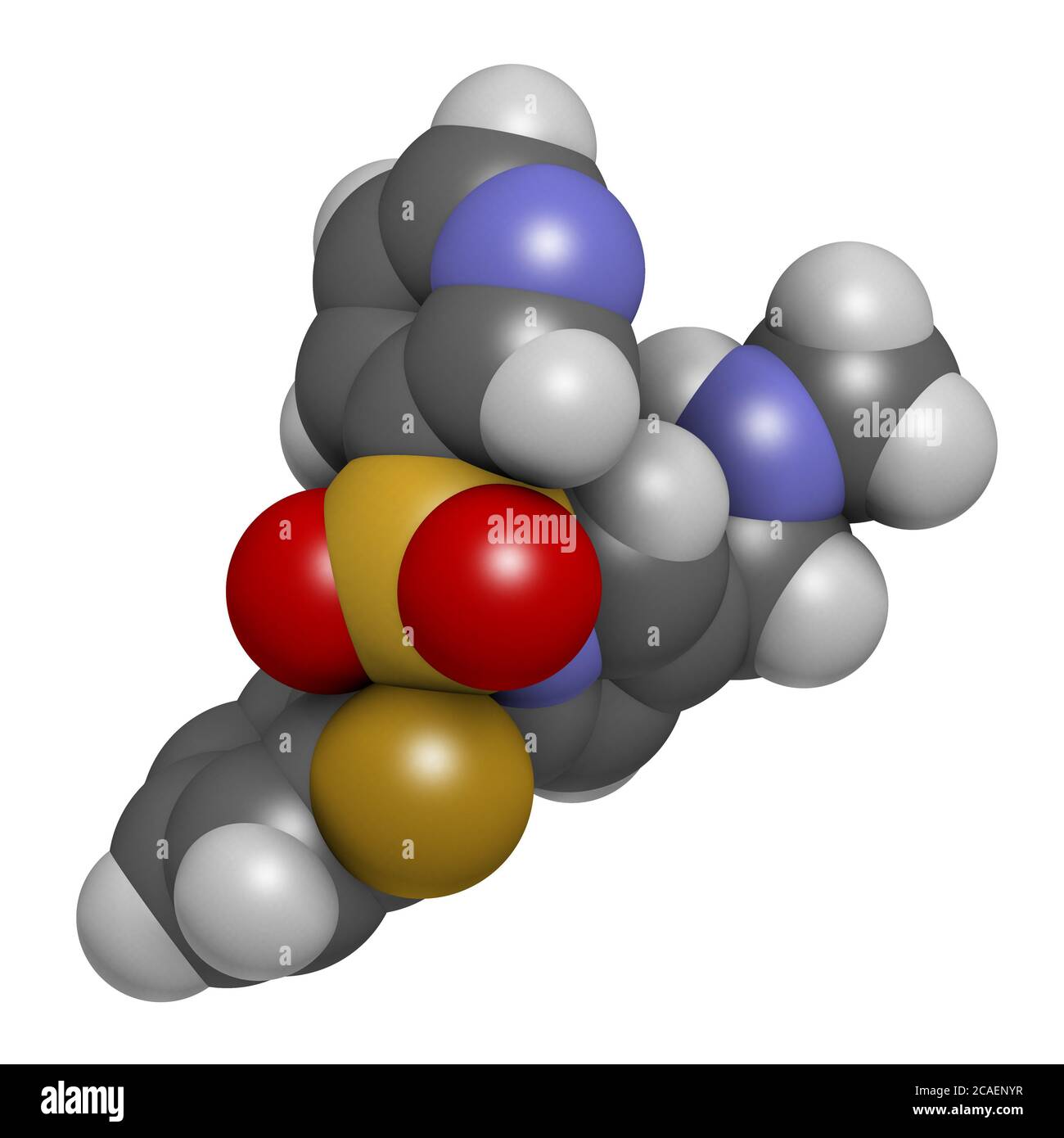 Vonoprazan drug molecule. 3D rendering. Atoms are represented as ...