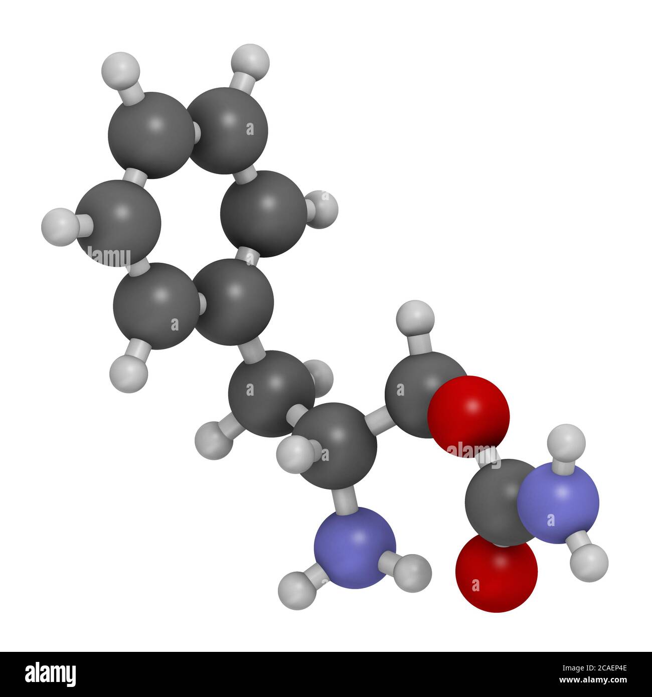 Solriamfetol drug molecule. 3D rendering. Atoms are represented as ...