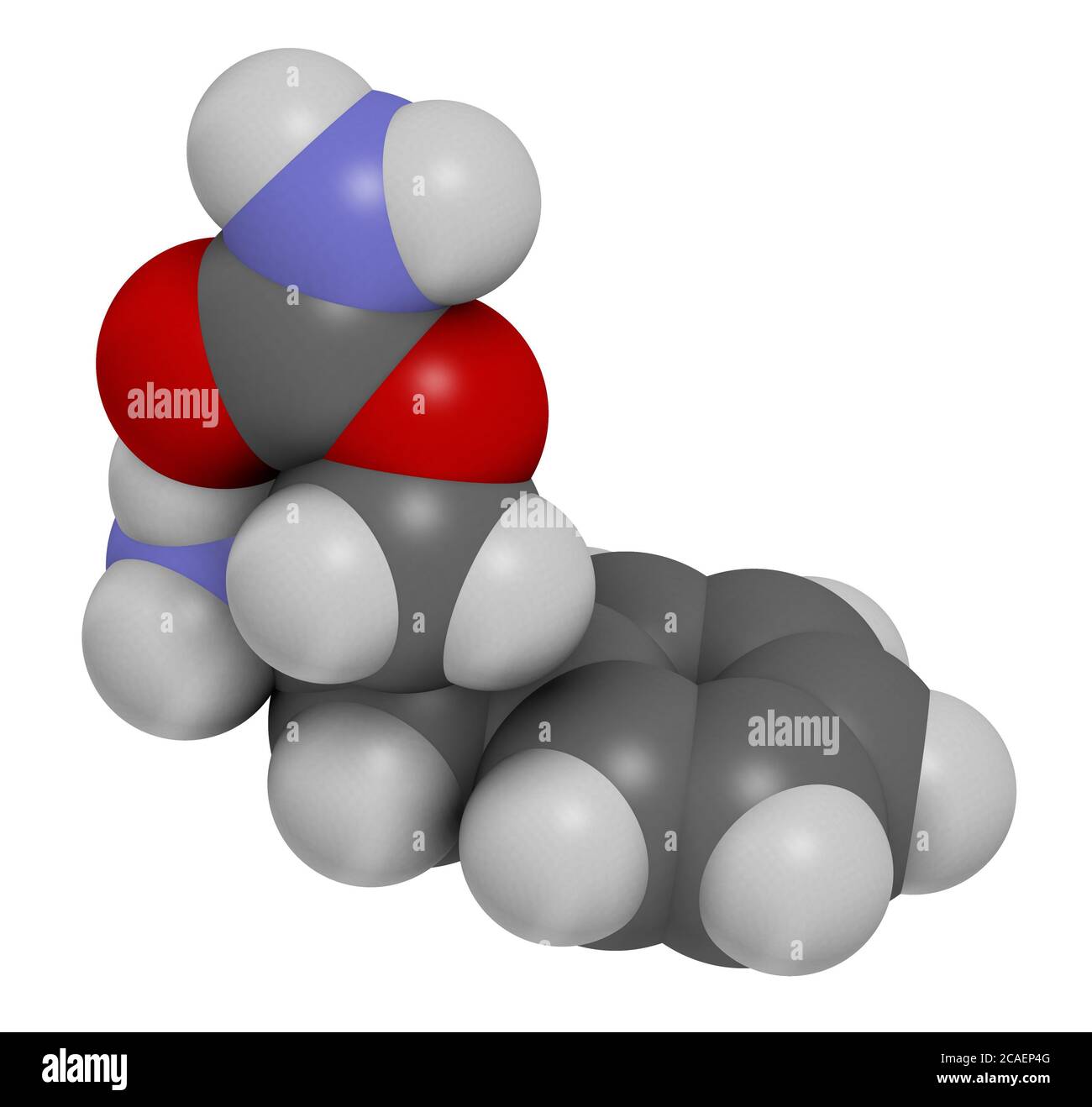 Solriamfetol drug molecule. 3D rendering. Atoms are represented as ...