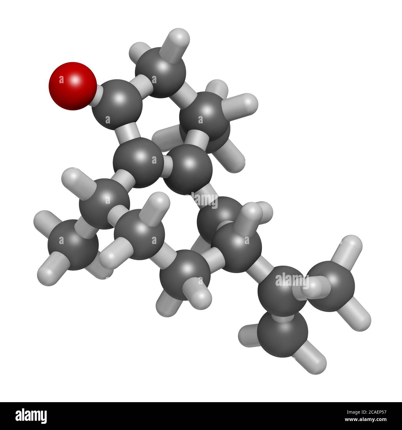 Rotundone peppery taste molecule. 3D rendering. Atoms are represented ...