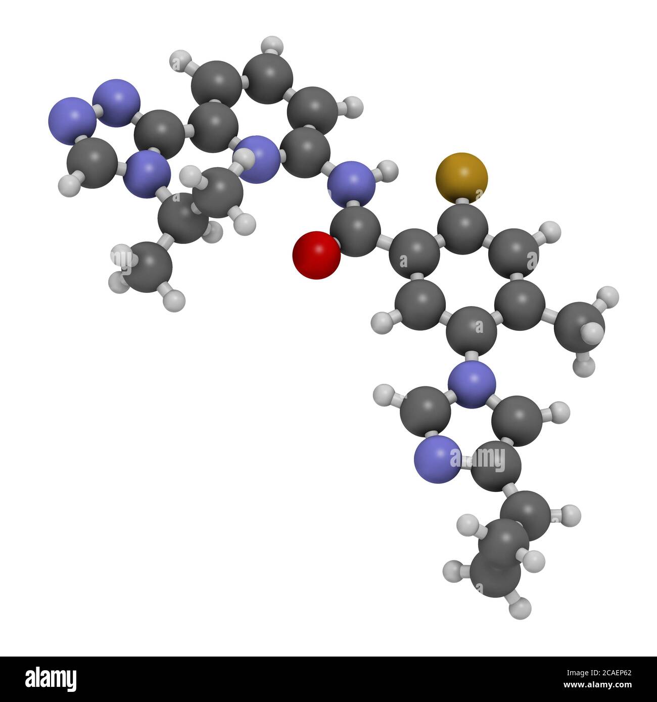 Selonsertib drug molecule. 3D rendering. Atoms are represented as ...