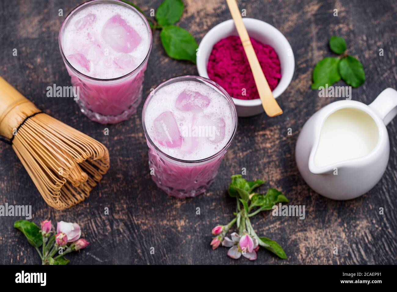 Pink matcha ice latte with milk Stock Photo - Alamy