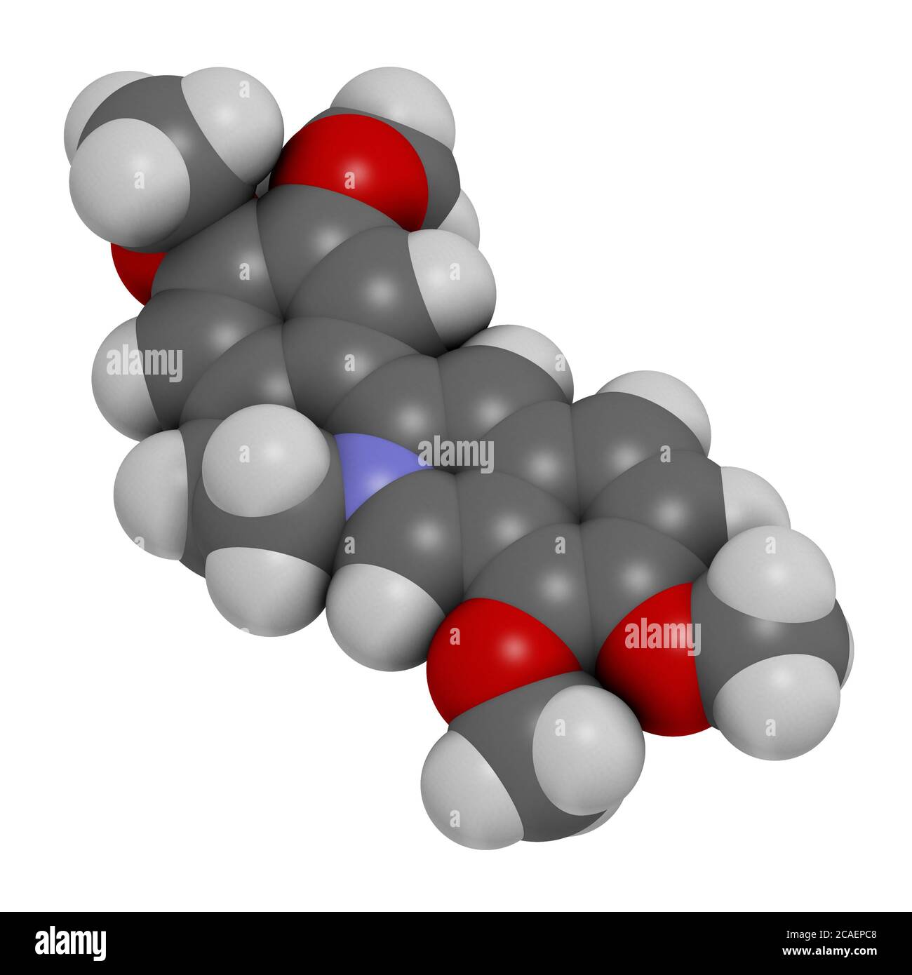Palmatine herbal alkaloid molecule. 3D rendering. Atoms are represented ...