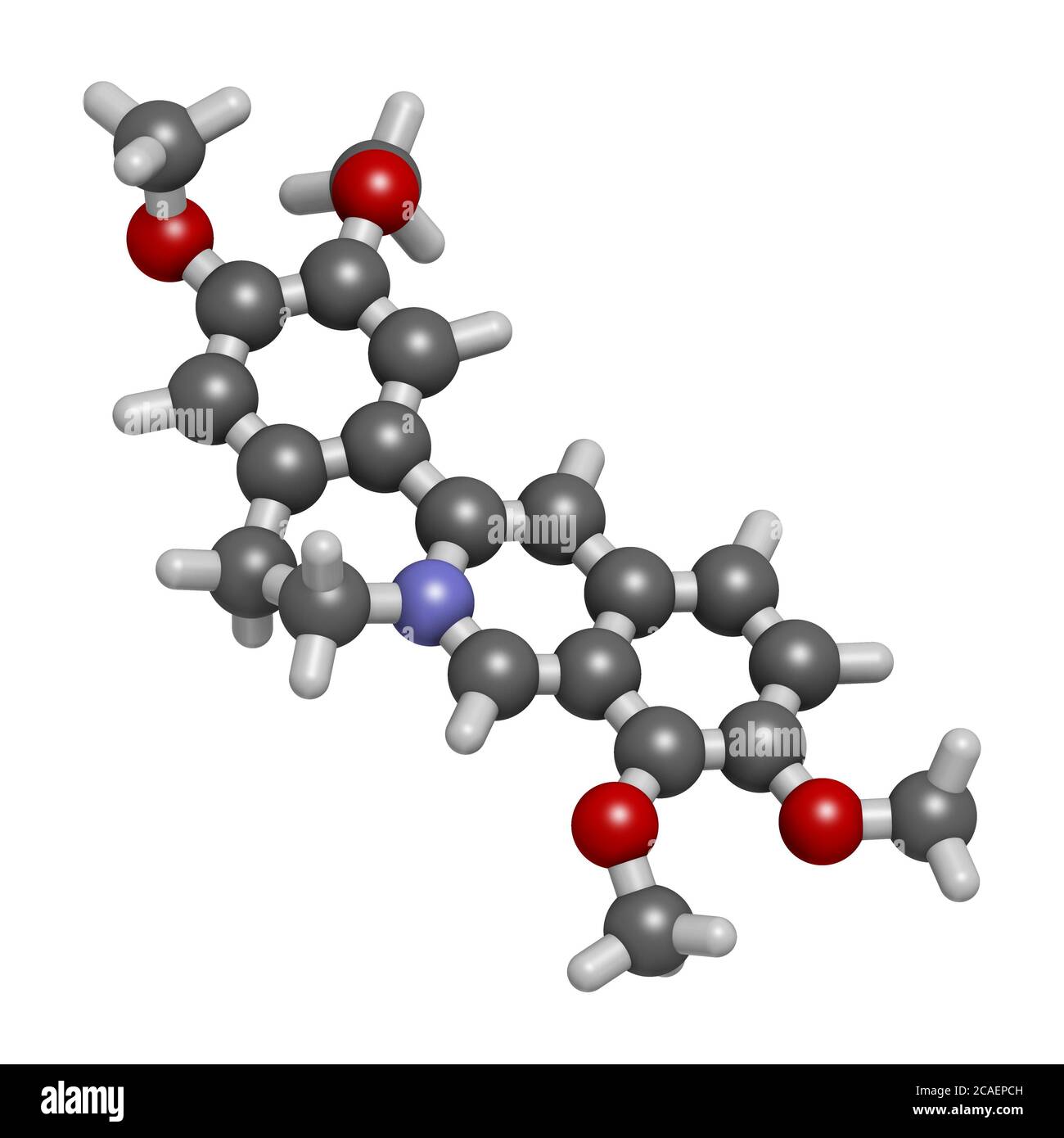 Palmatine herbal alkaloid molecule. 3D rendering. Atoms are represented ...
