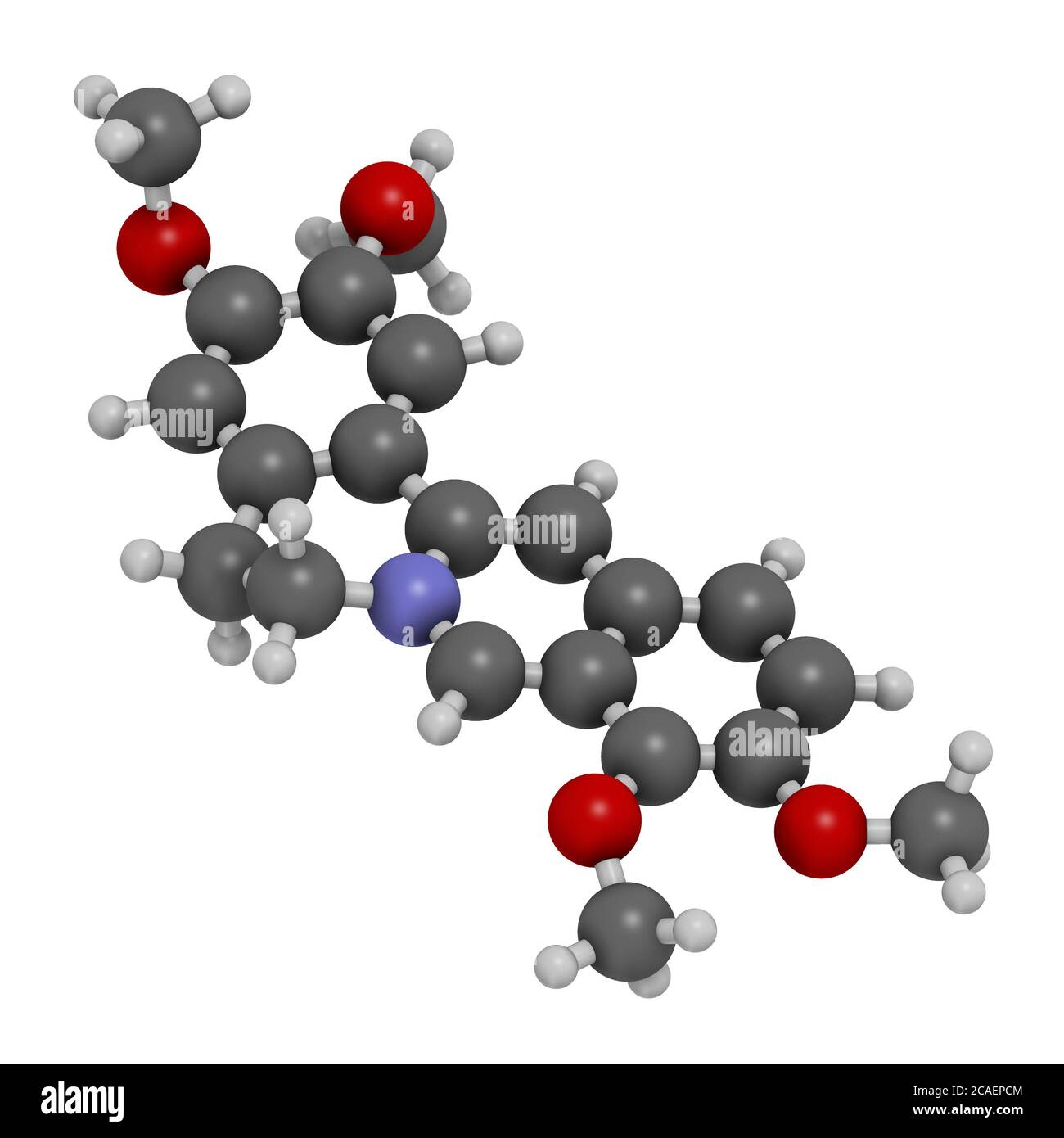 Palmatine herbal alkaloid molecule. 3D rendering. Atoms are represented ...