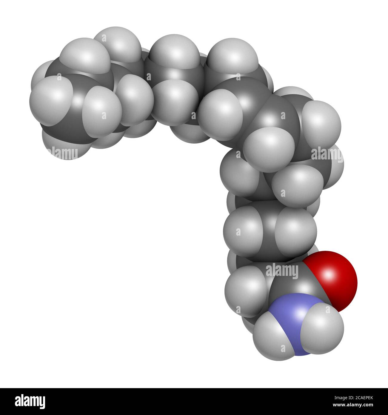 Oleamide molecule. 3D rendering. Atoms are represented as spheres with ...