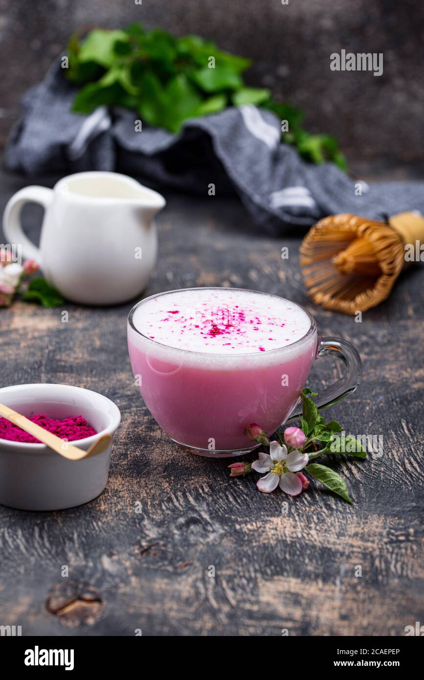 Pink matcha latte with milk Stock Photo - Alamy