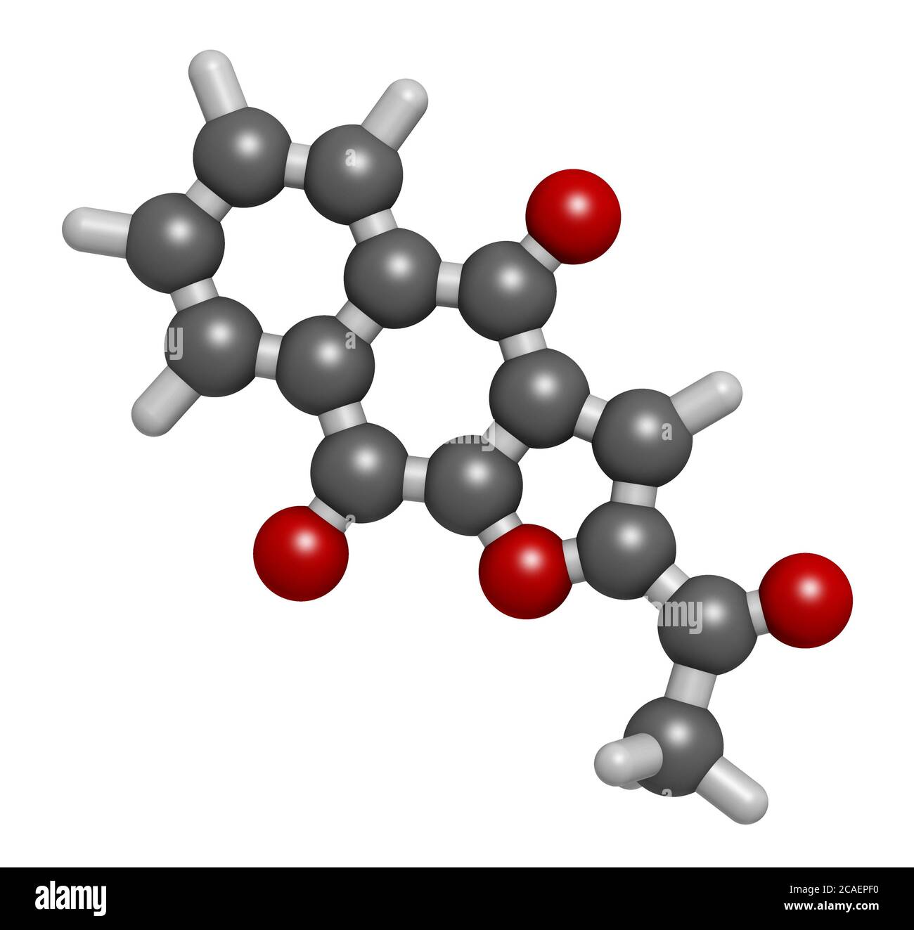 Napabucasin cancer drug molecule. 3D rendering. Atoms are represented ...