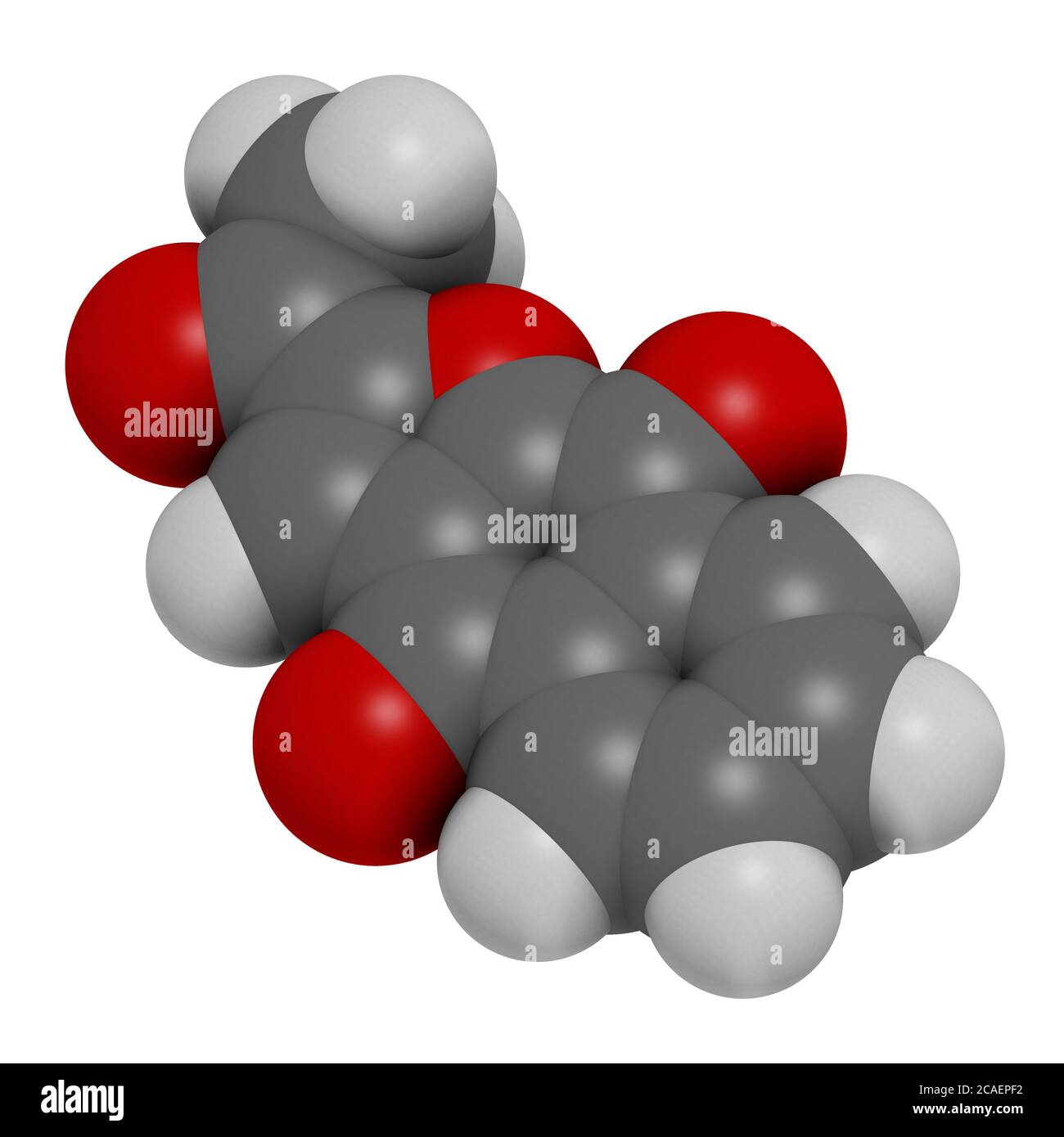 Napabucasin cancer drug molecule. 3D rendering. Atoms are represented ...