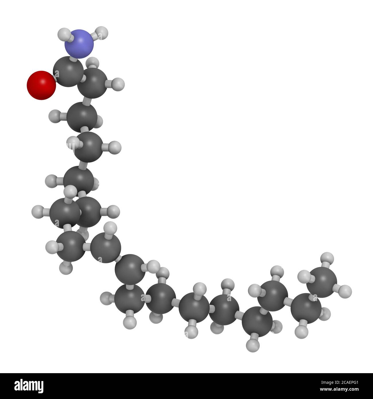 Oleamide molecule. 3D rendering. Atoms are represented as spheres with ...