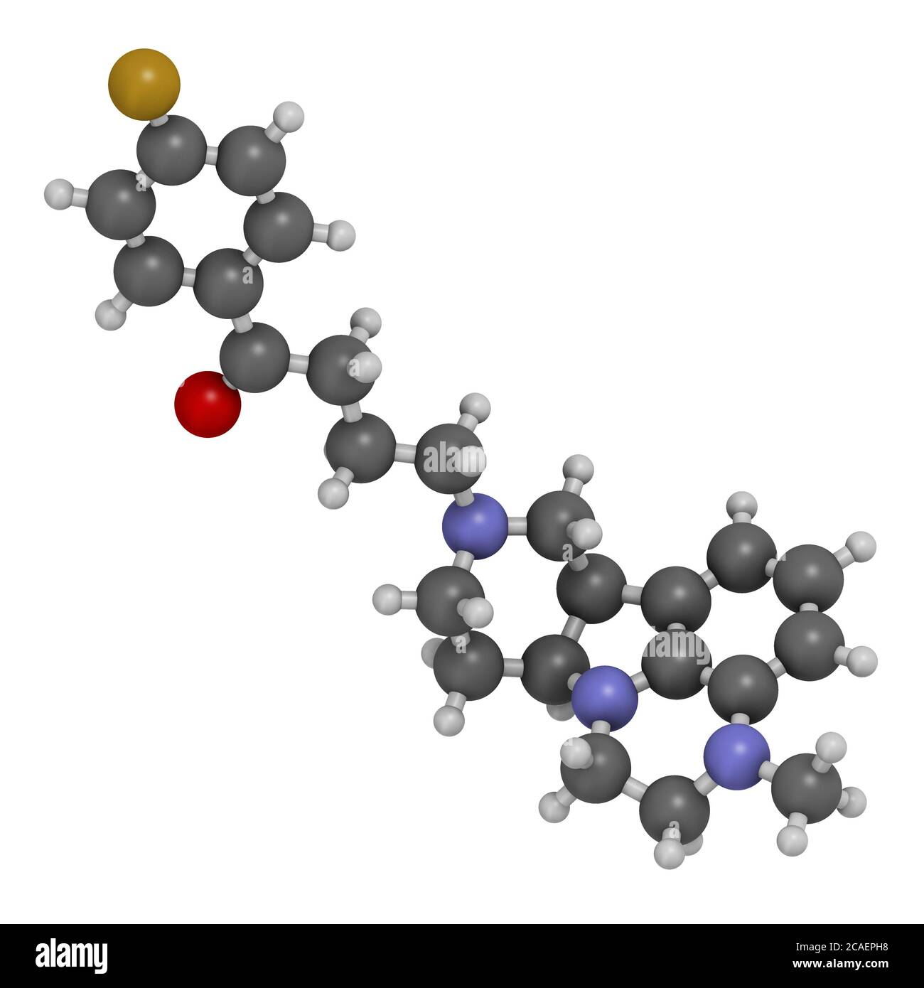 Lumateperone antipsychotic drug molecule. 3D rendering. Atoms are ...