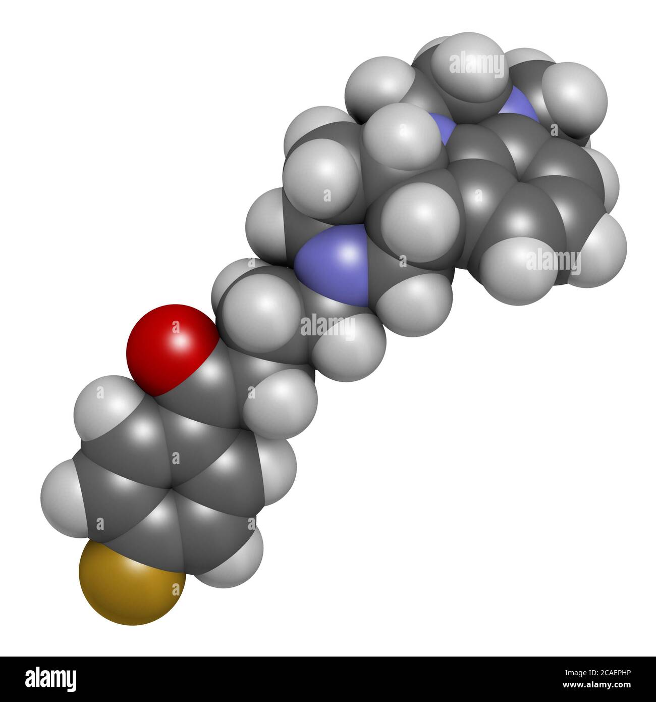 Lumateperone antipsychotic drug molecule. 3D rendering. Atoms are ...