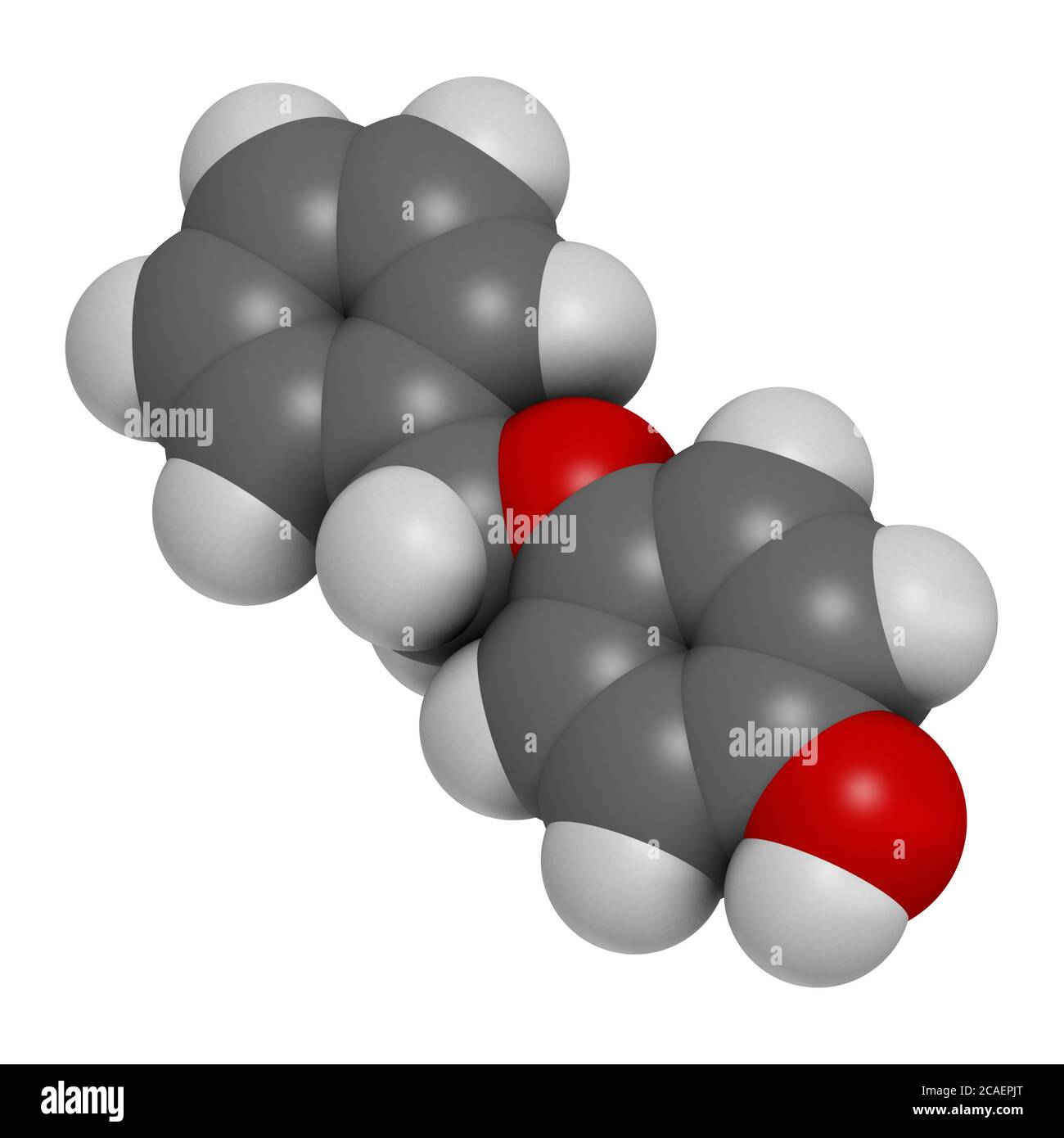 Monobenzone drug molecule. 3D rendering. Atoms are represented as ...