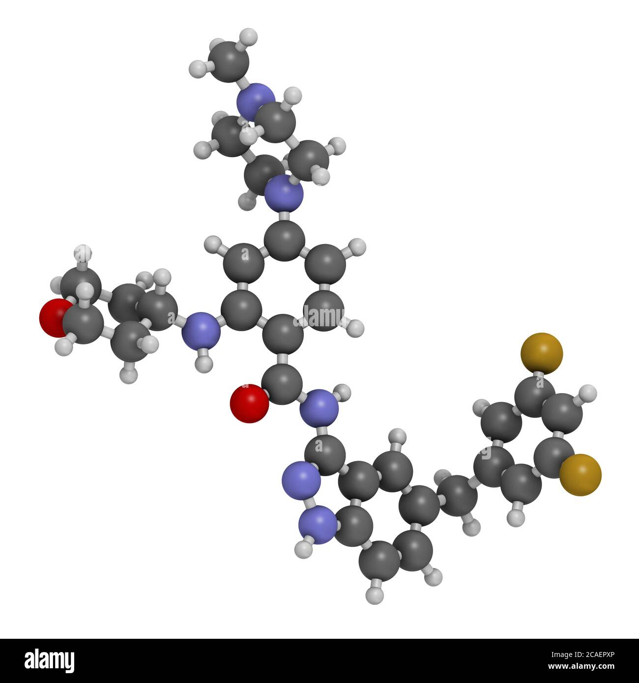 Entrectinib cancer drug molecule. 3D rendering. Atoms are represented ...