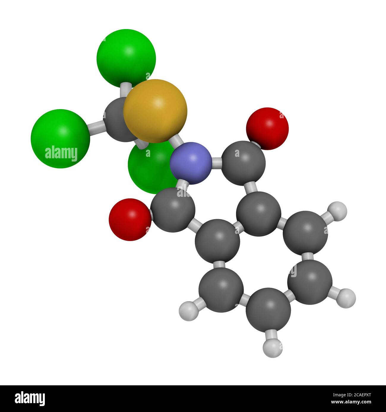Folpet fungicide molecule. 3D rendering. Atoms are represented as ...