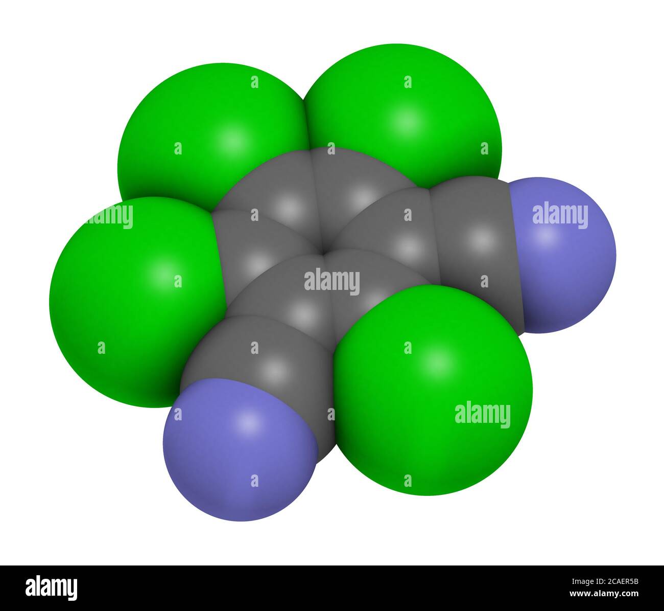 Chlorothalonil pesticide molecule. 3D rendering. Atoms are represented ...