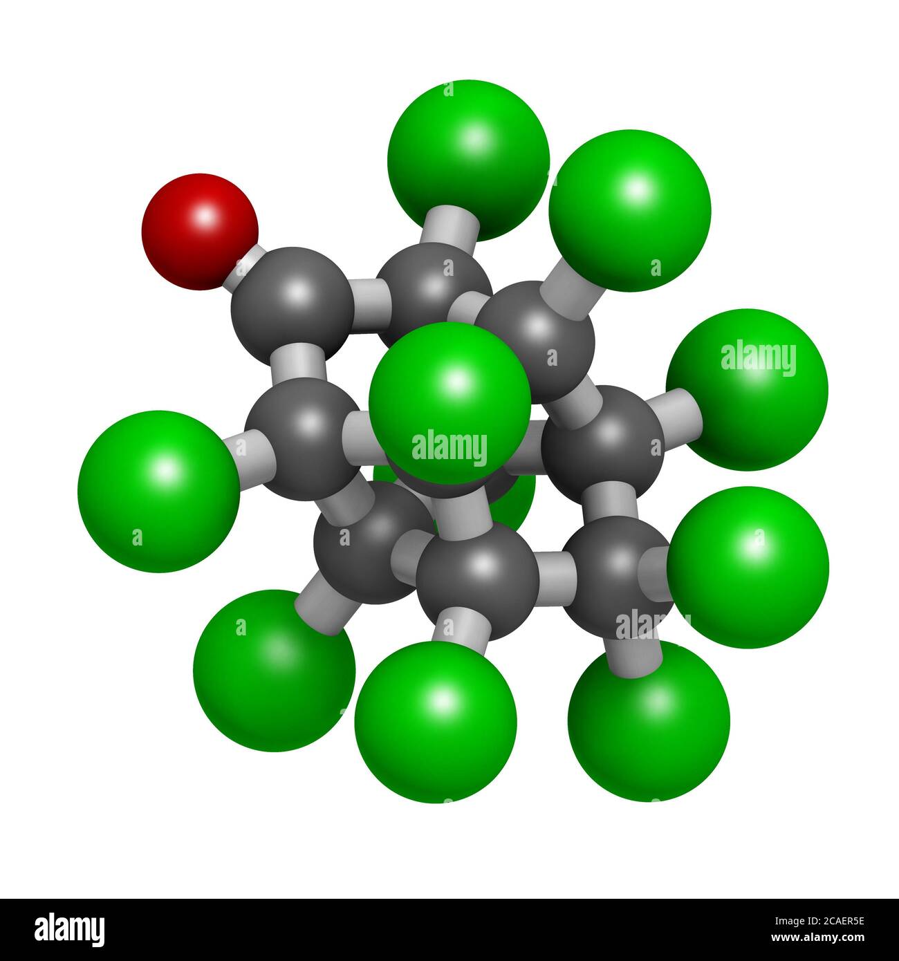 Chlordecone or kepone pesticide molecule. 3D rendering. Atoms are ...