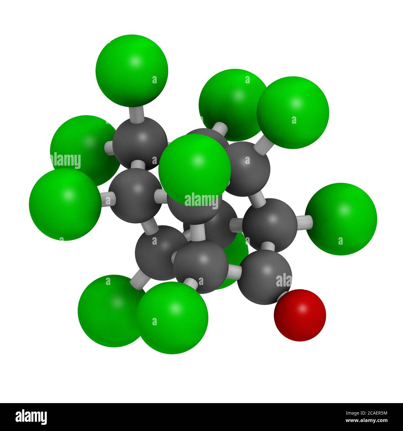 Chlordecone or kepone pesticide molecule. 3D rendering. Atoms are ...
