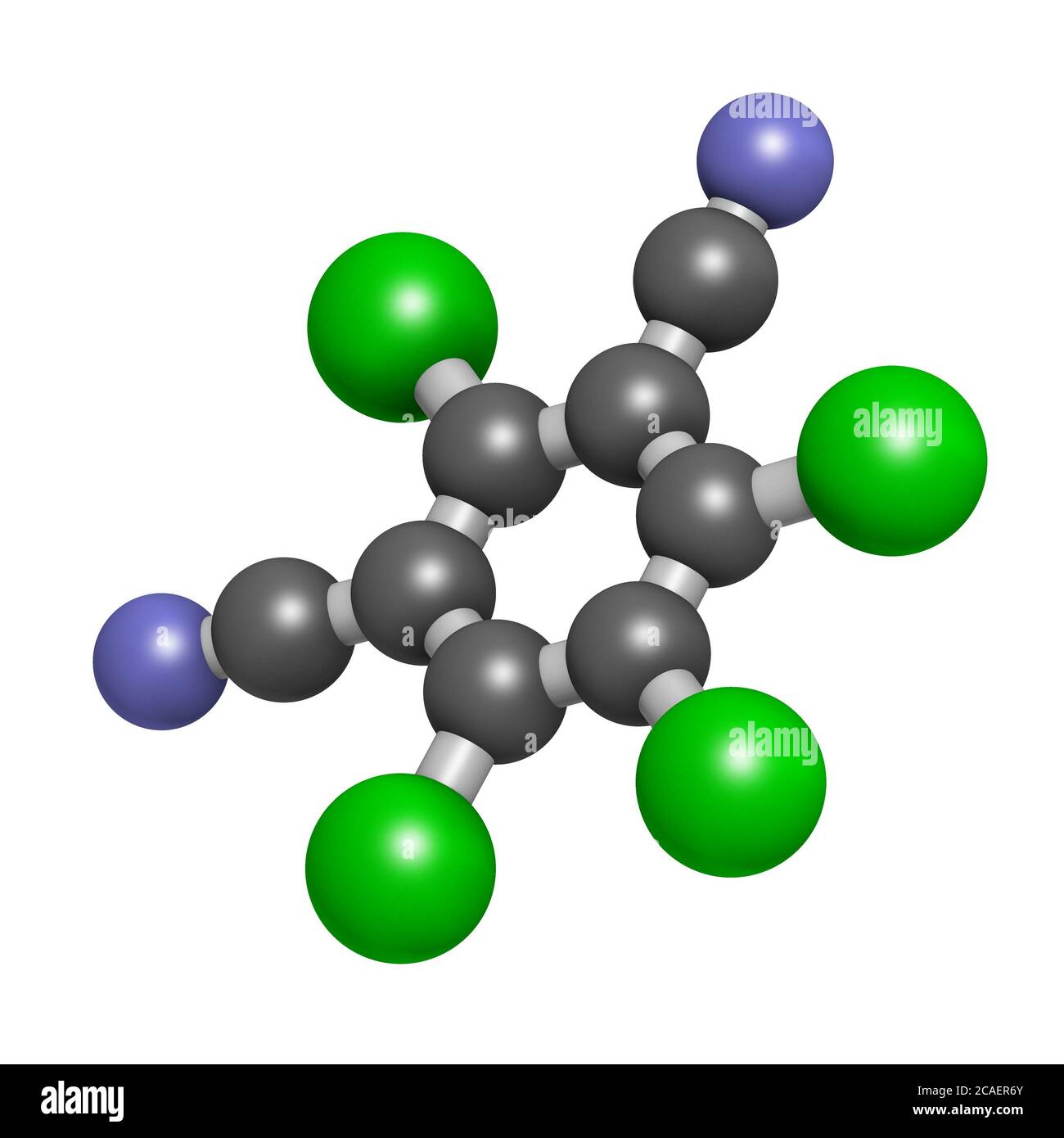 Chlorothalonil pesticide molecule. 3D rendering. Atoms are represented ...