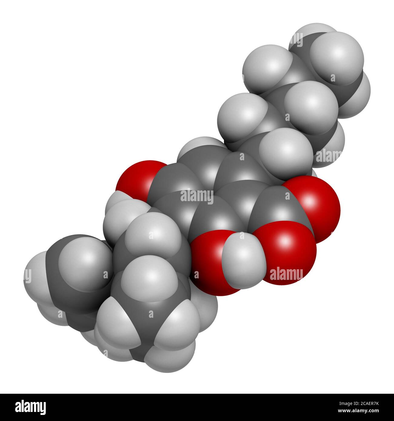 Cannabidiolic acid or CBDA cannabinoid molecule. 3D rendering. Atoms ...