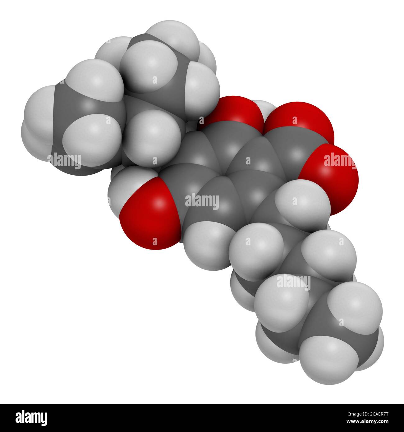 Cannabidiolic acid or CBDA cannabinoid molecule. 3D rendering. Atoms ...