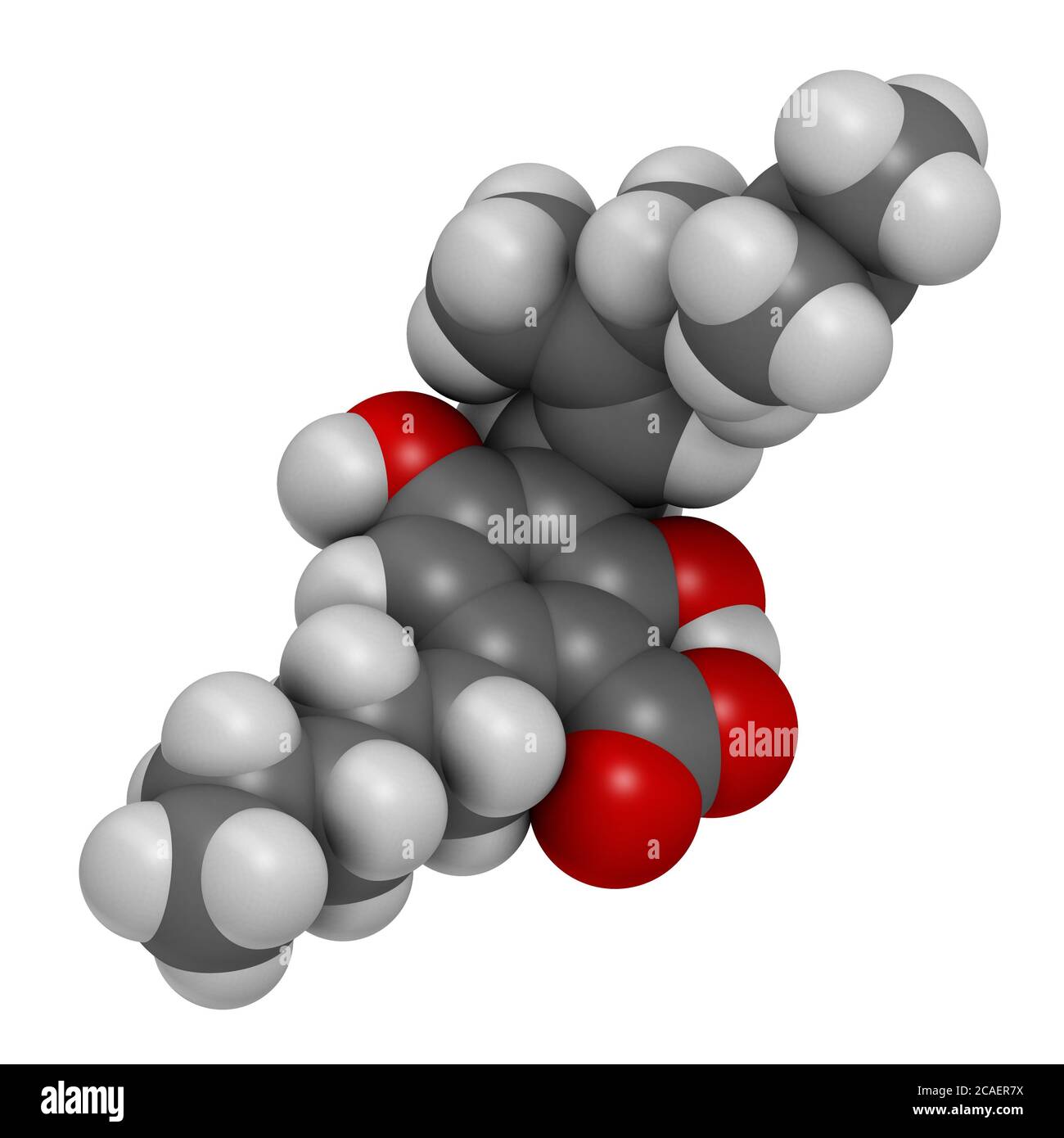 Cannabigerolic acid or CBGA cannabinoid molecule. 3D rendering. Atoms ...
