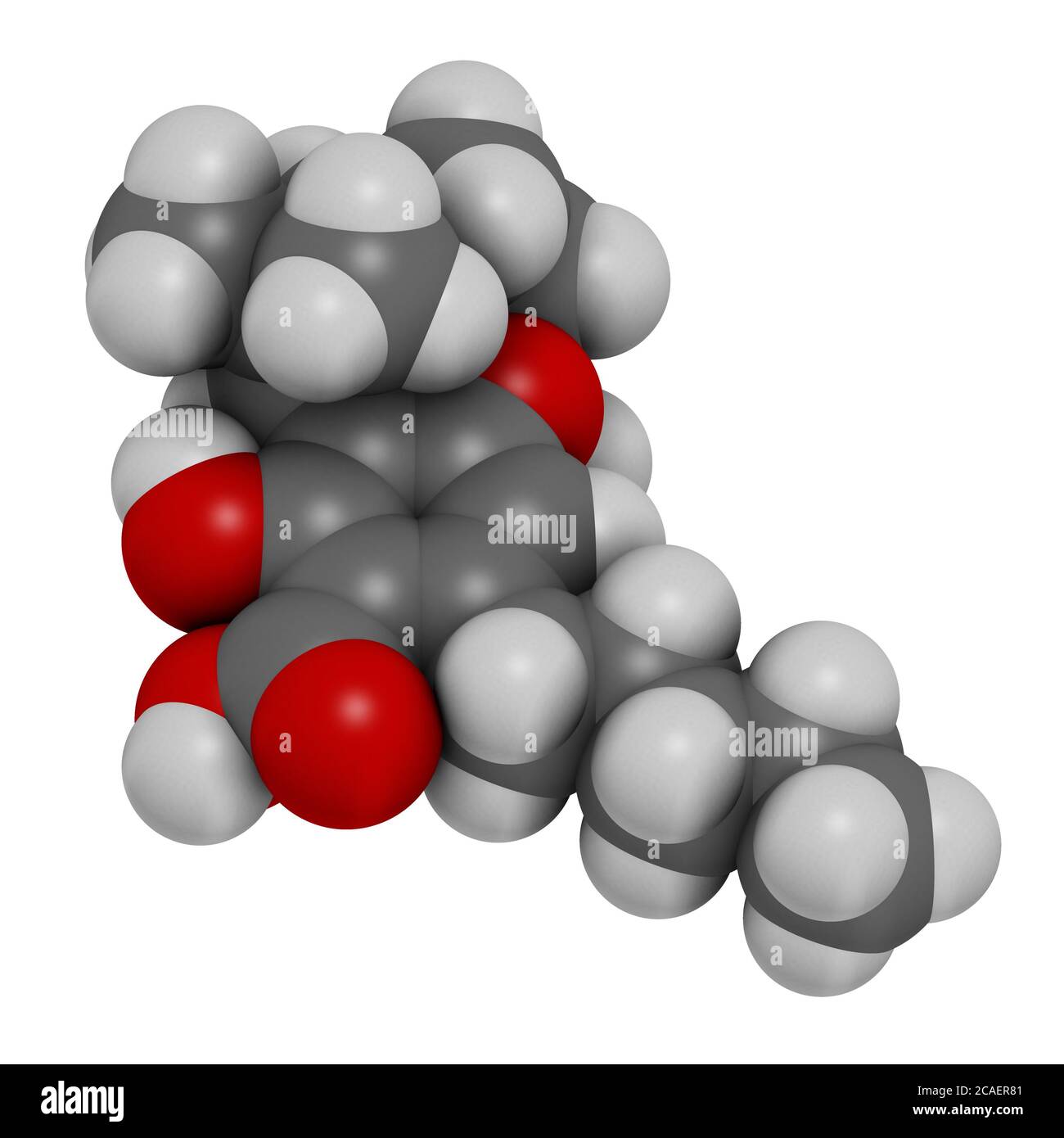 Cannabicyclolic acid cannabinoid molecule. 3D rendering. Atoms are ...