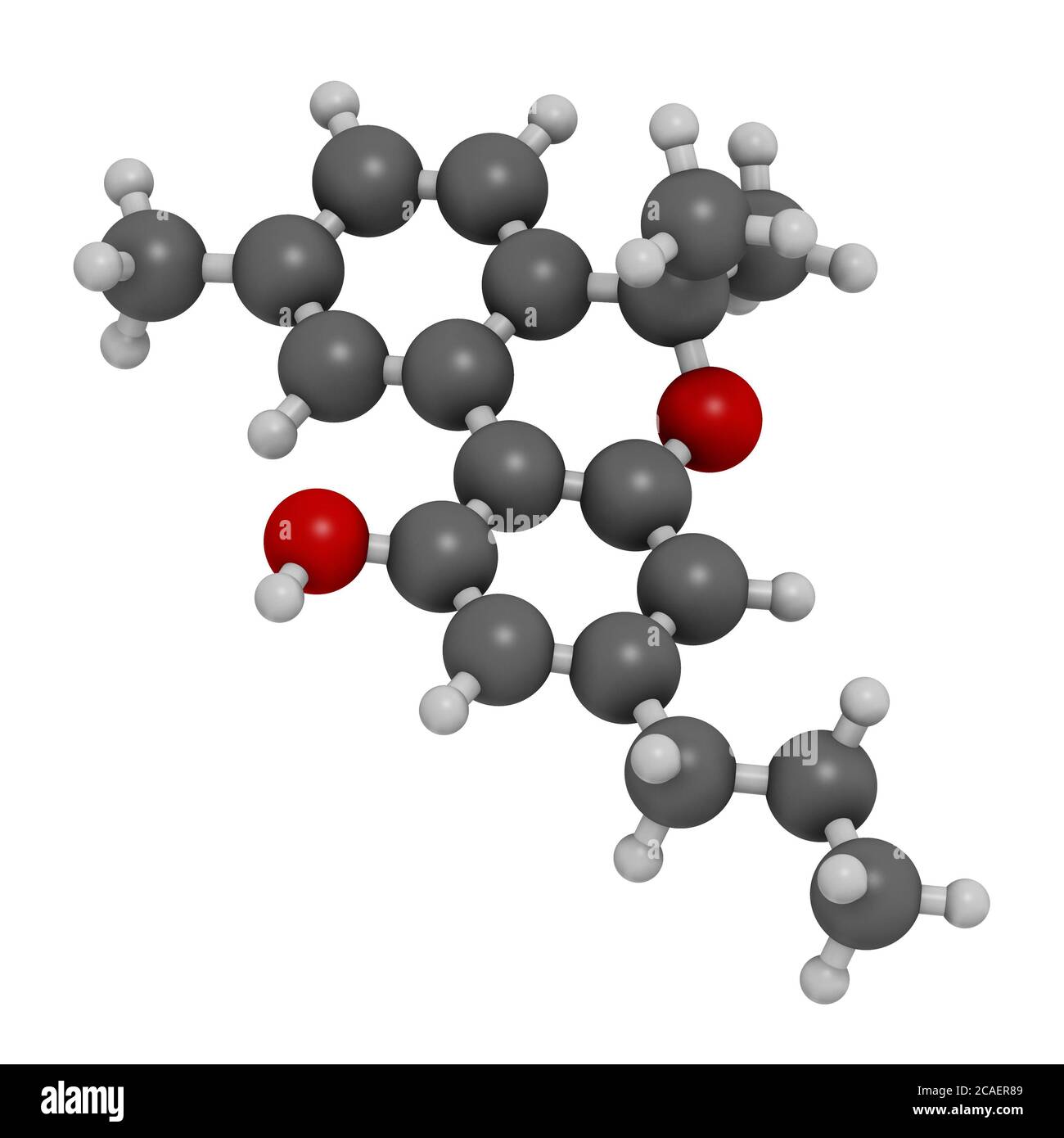 Cannabivarin or cannabivarol cannabinoid molecule. 3D rendering. Atoms ...