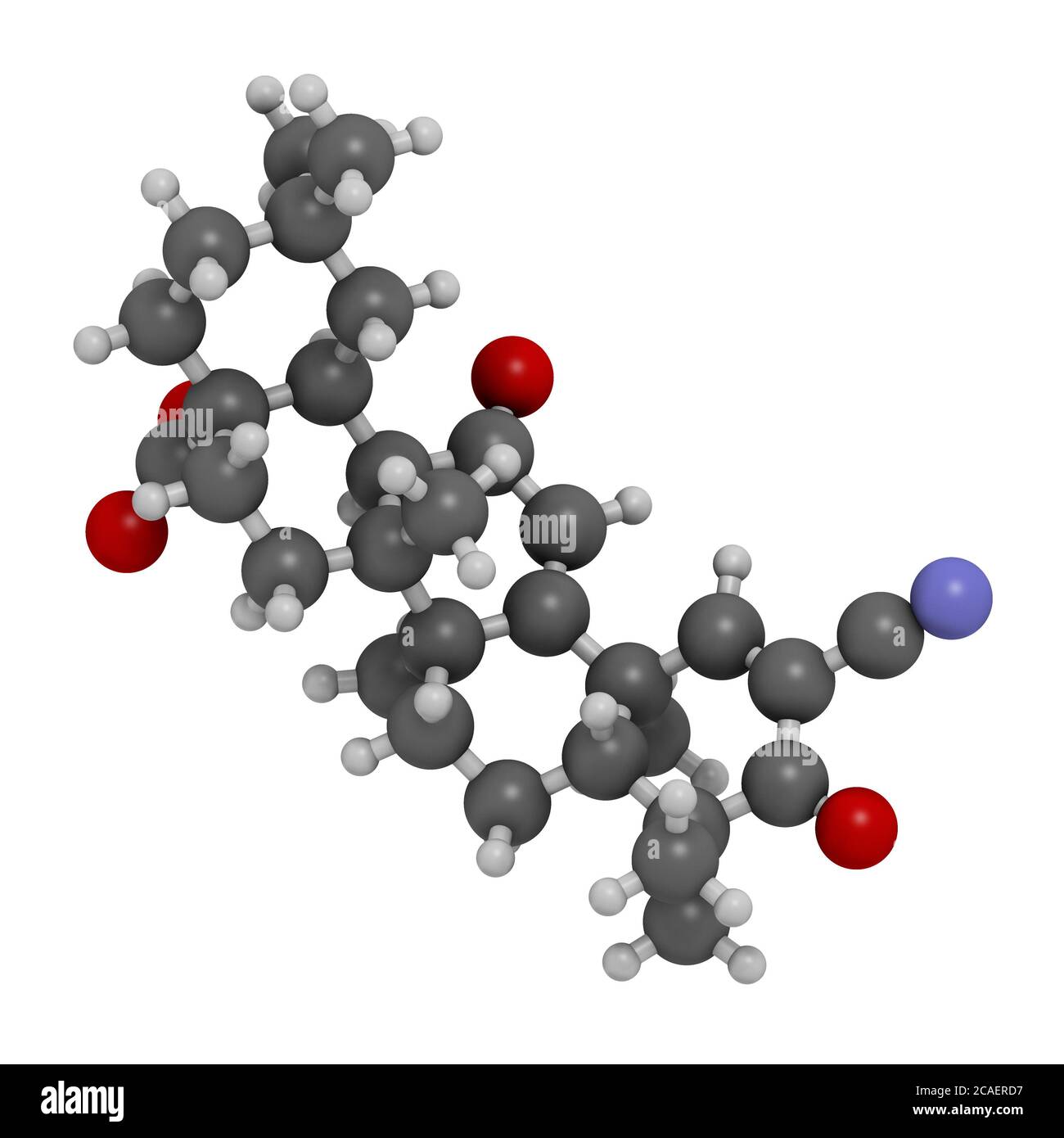 Bardoxolone drug molecule. 3D rendering. Atoms are represented as ...