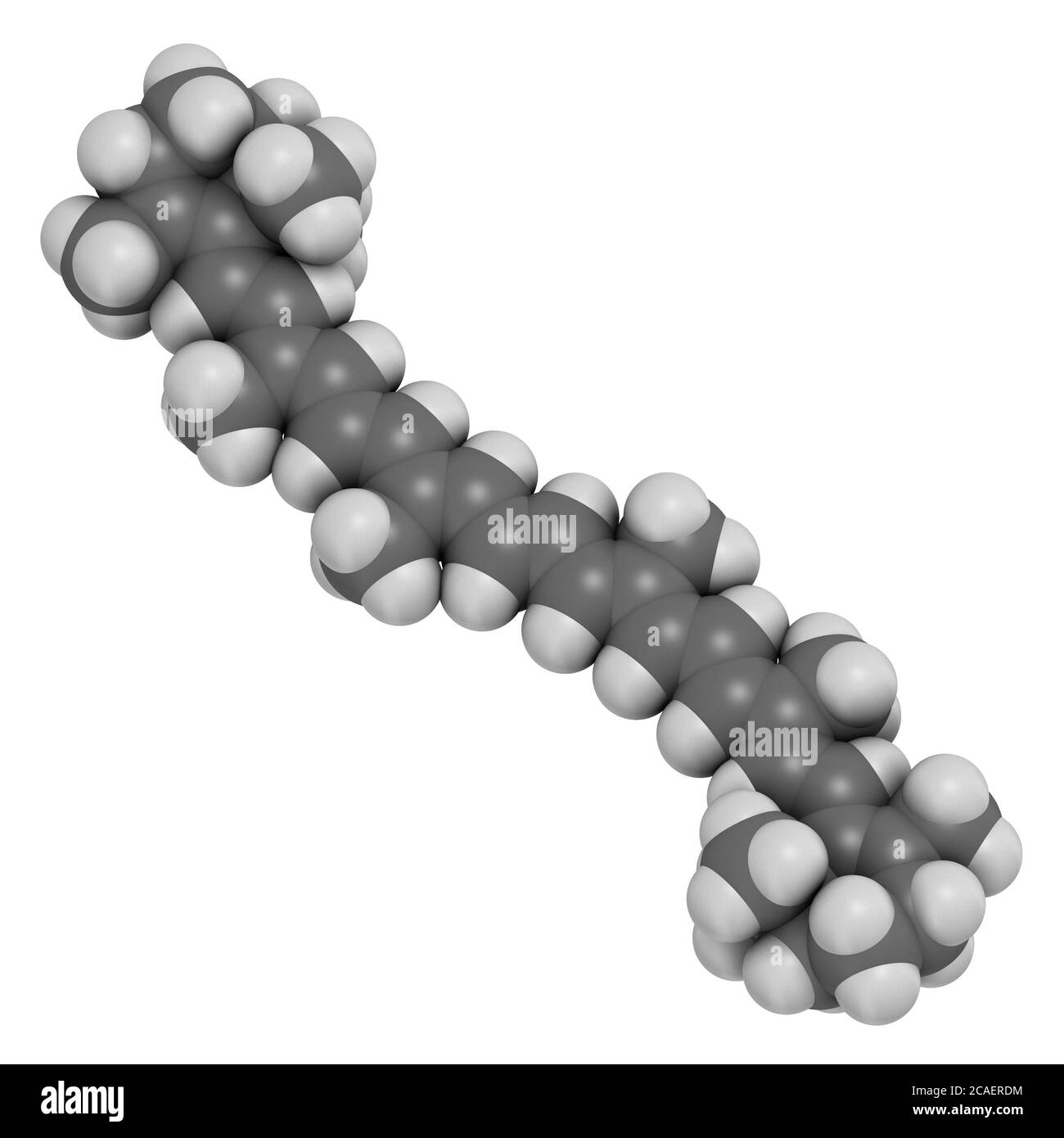 Beta-carotene pigment molecule. 3D rendering. Atoms are represented as ...