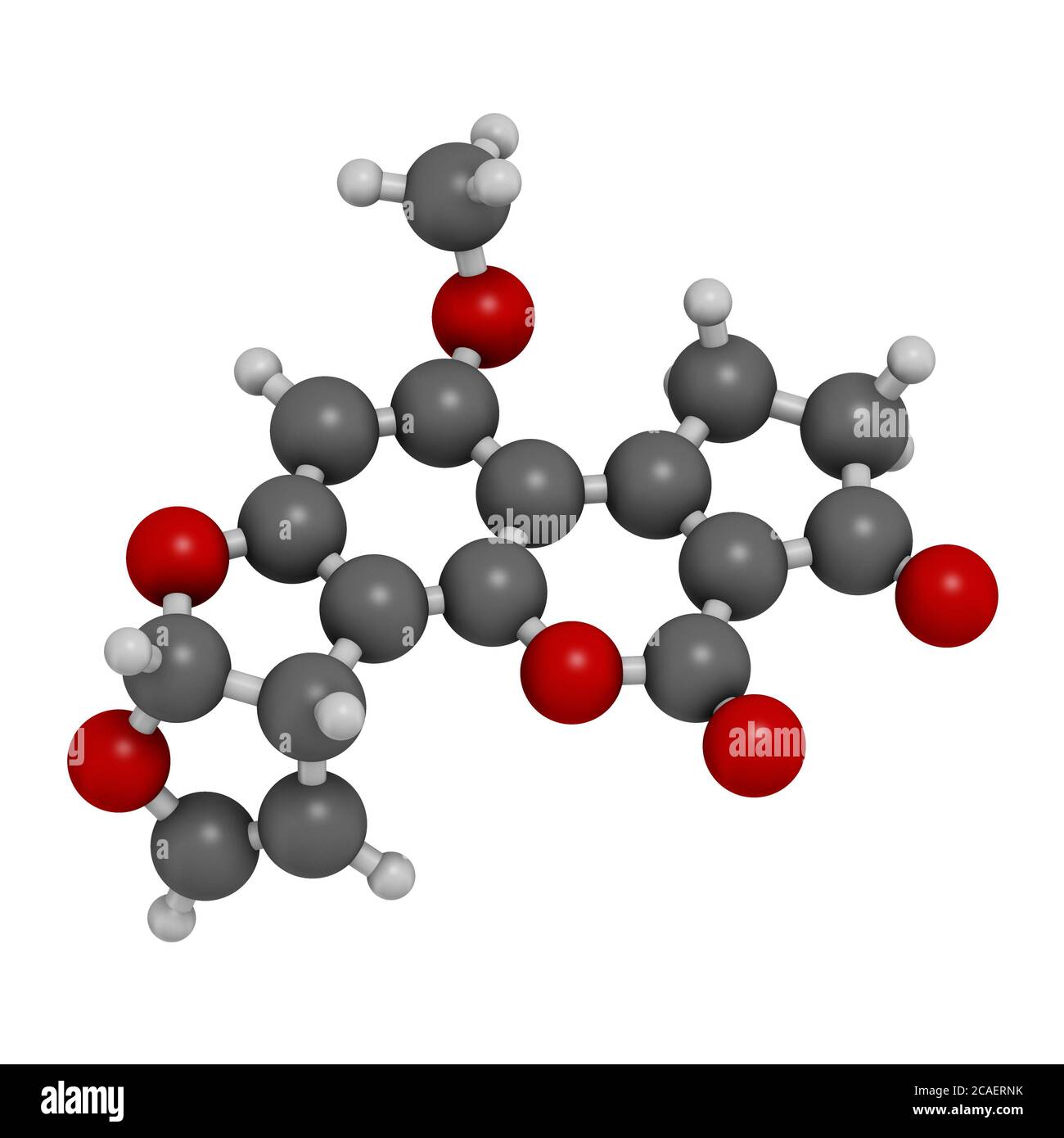 Aflatoxin B1 mold carcinogenic molecule. 3D rendering. Atoms are ...