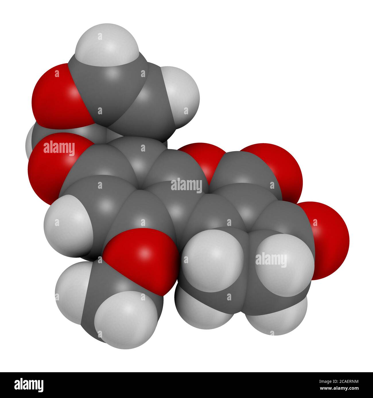 Aflatoxin B1 mold carcinogenic molecule. 3D rendering. Atoms are ...