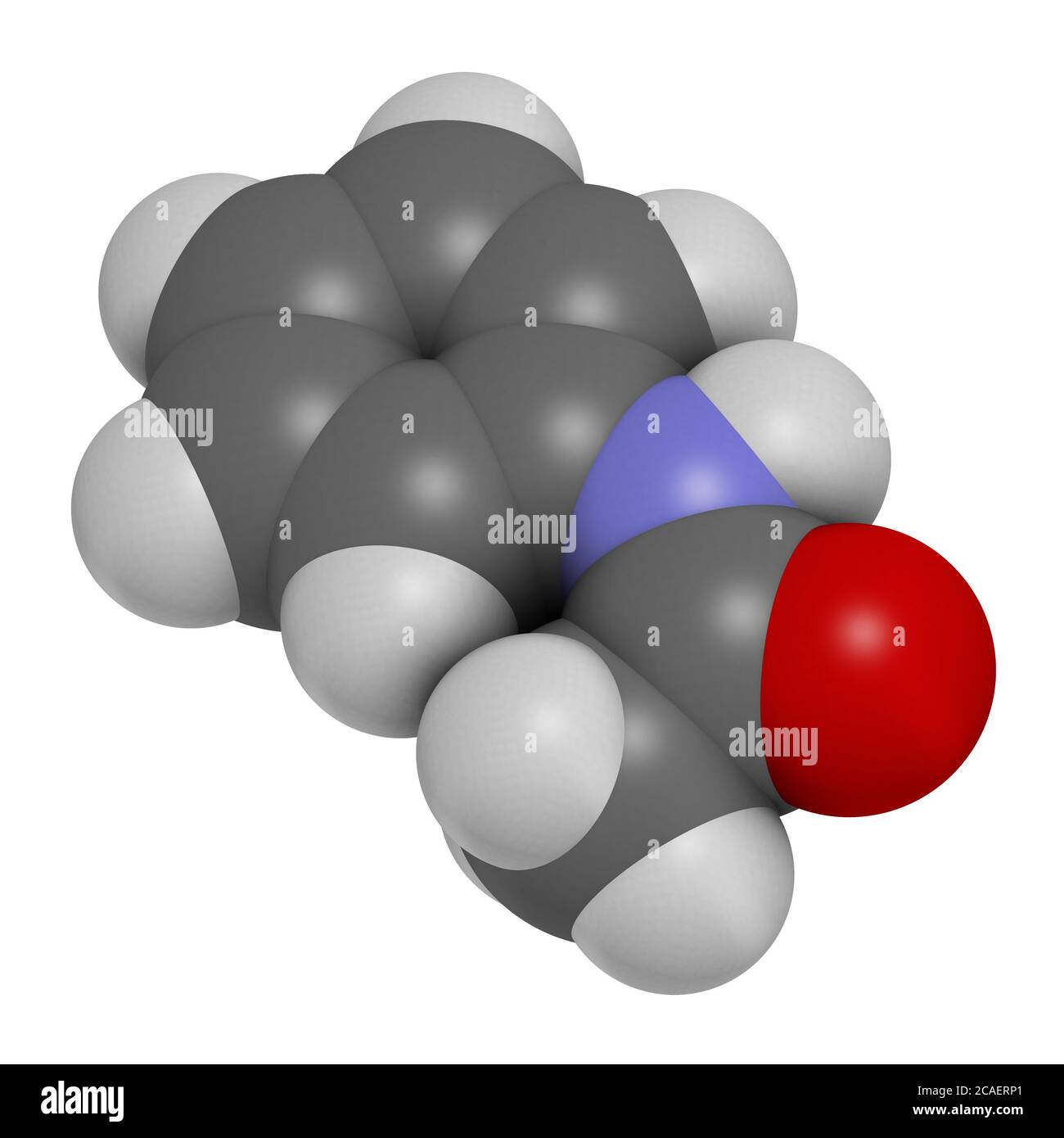 Acetanilide analgesic drug molecule (obsolete). 3D rendering. Atoms are ...