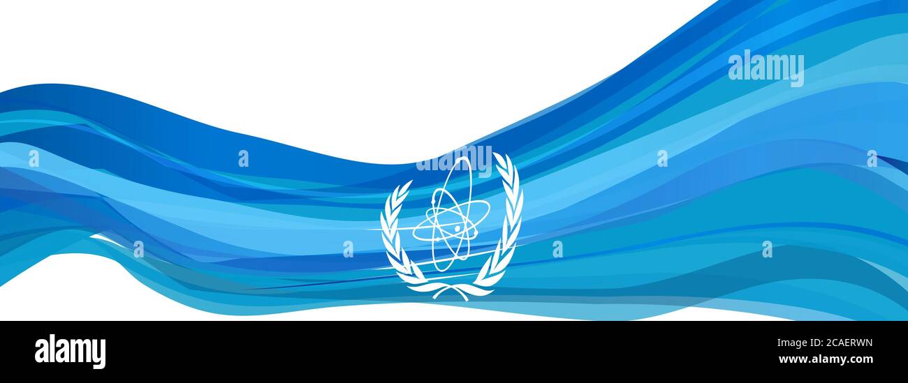 light blue flag with a white logo of the International atomic energy ...