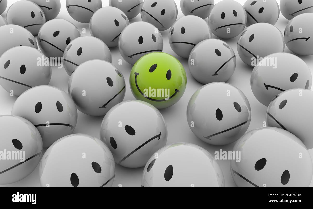 3D rendering of round gray balls with sad faces and one happy green ...