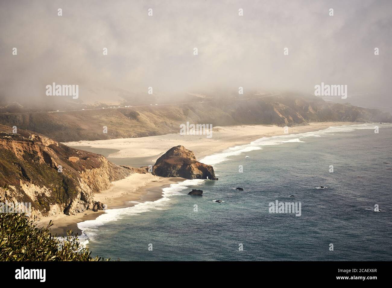 Aerial view of foggy Little Sur River Beach, Big Sur, California, USA ...
