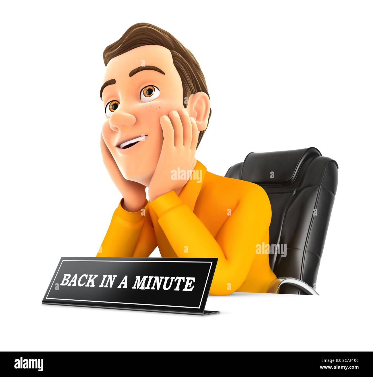 3d man back in a minute sign, illustration with isolated white ...
