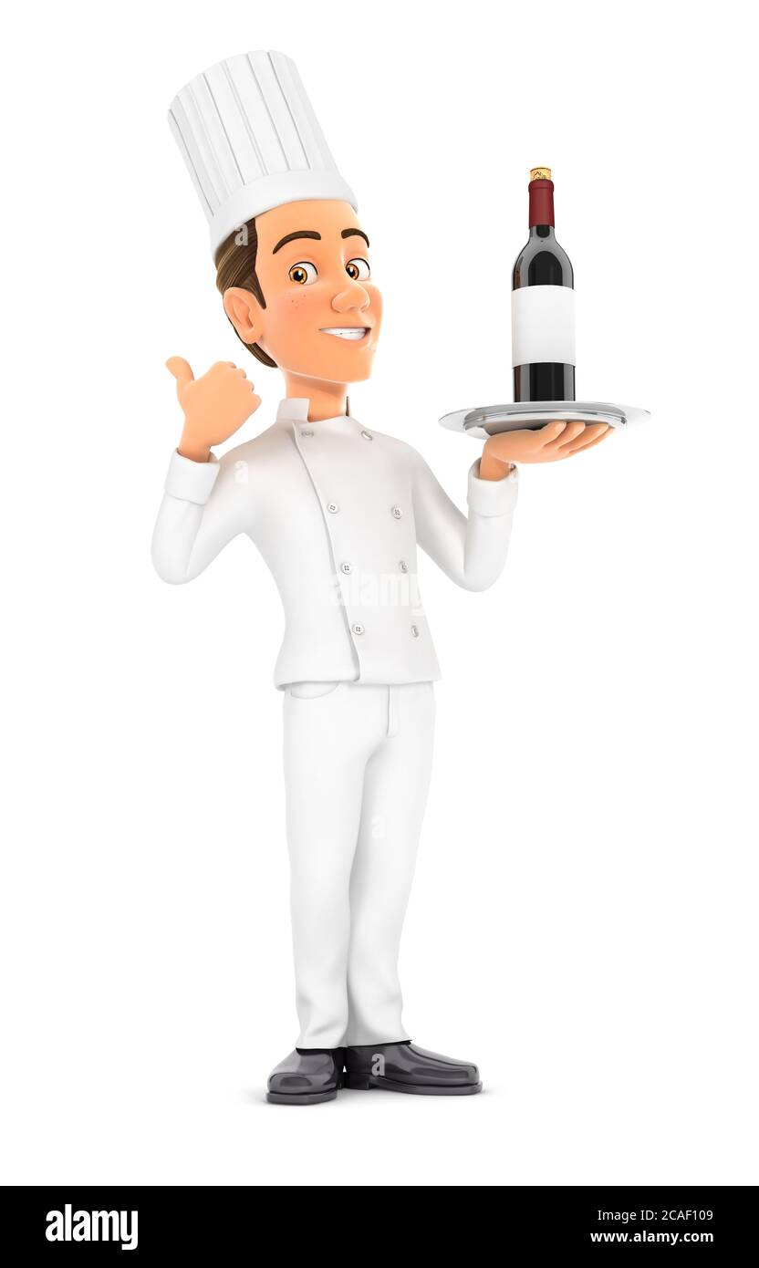 3d head chef standing with wine bottle and thumb up, illustration with ...