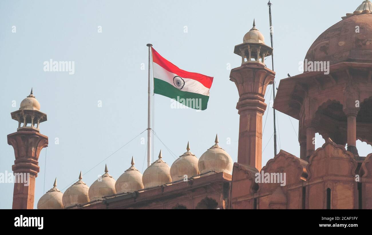 close up of the indian flag flying above red fort in old delhi Stock ...