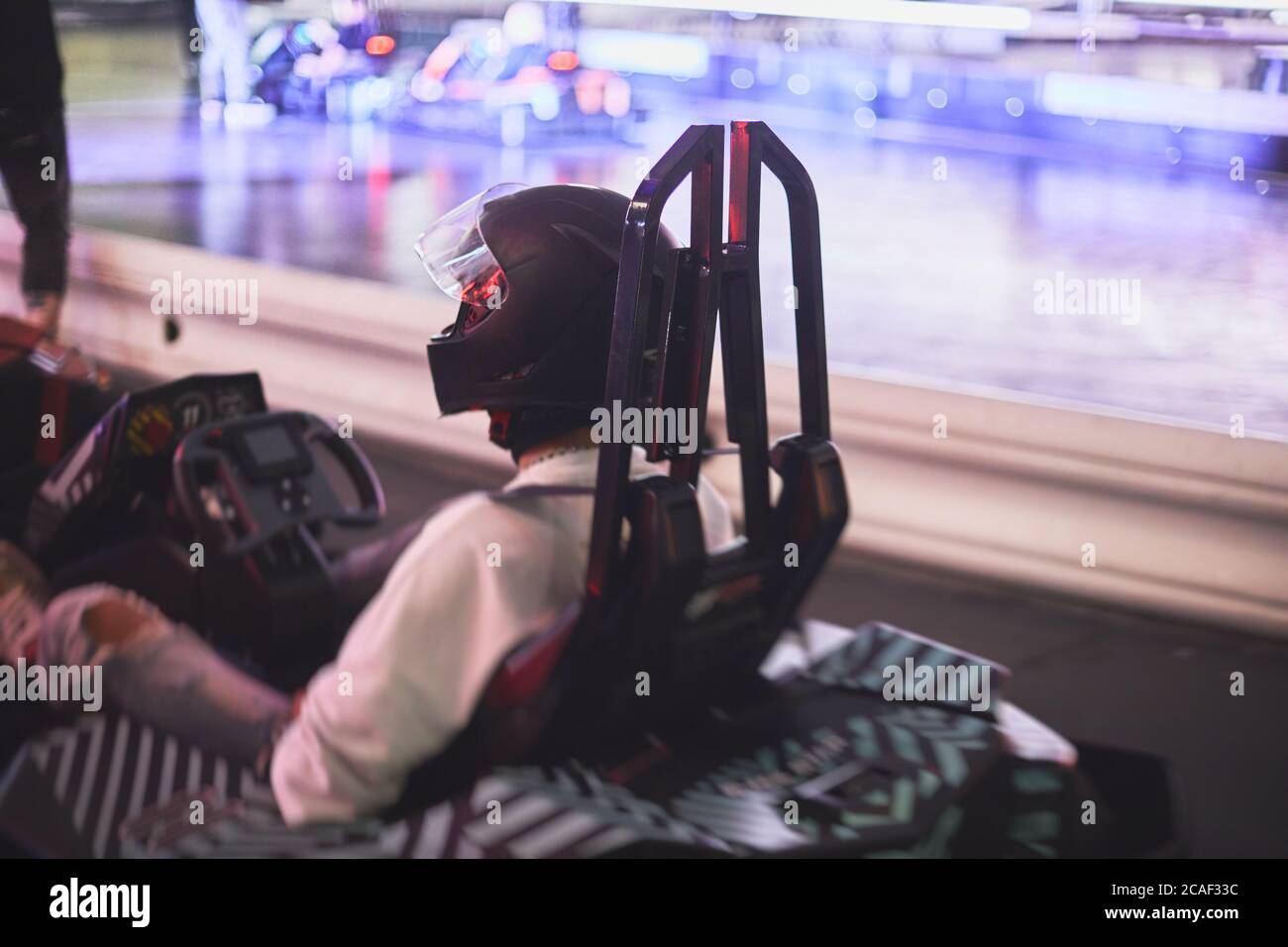 View of indoor karting racetrack, go-kart competition, go-cart racing ...