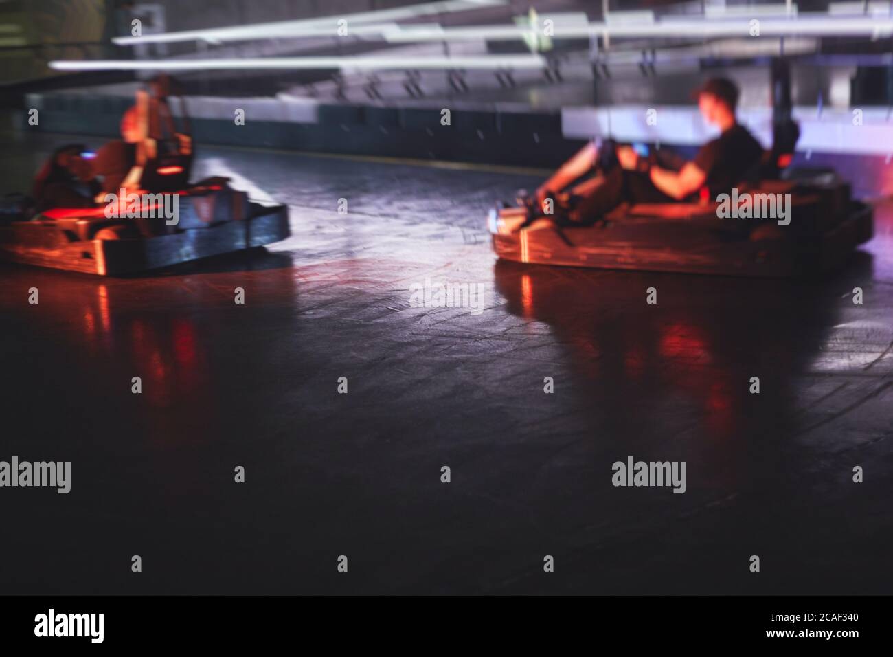 View of indoor karting racetrack, go-kart competition, go-cart racing ...