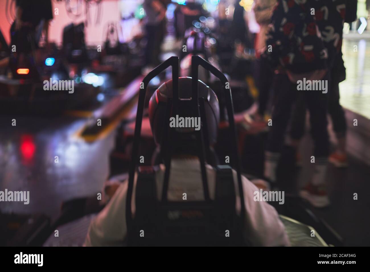 View of indoor karting racetrack, go-kart competition, go-cart racing ...