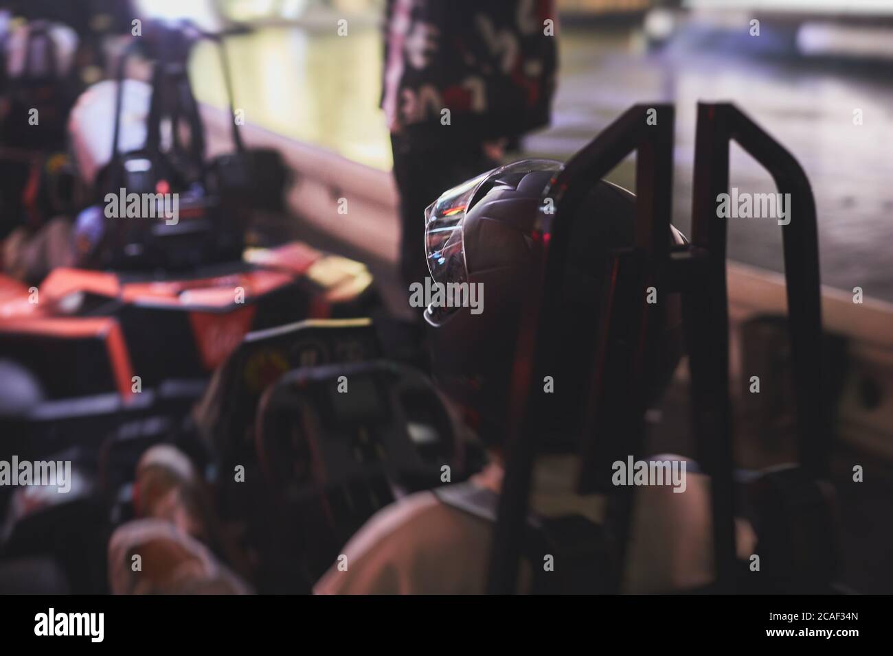 View of indoor karting racetrack, go-kart competition, go-cart racing ...