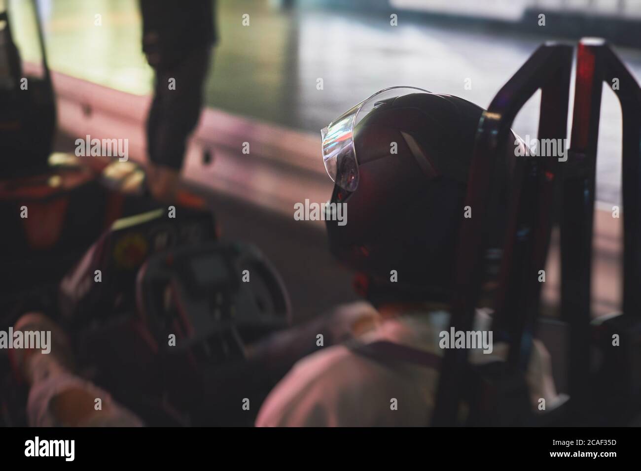 View of indoor karting racetrack, go-kart competition, go-cart racing ...